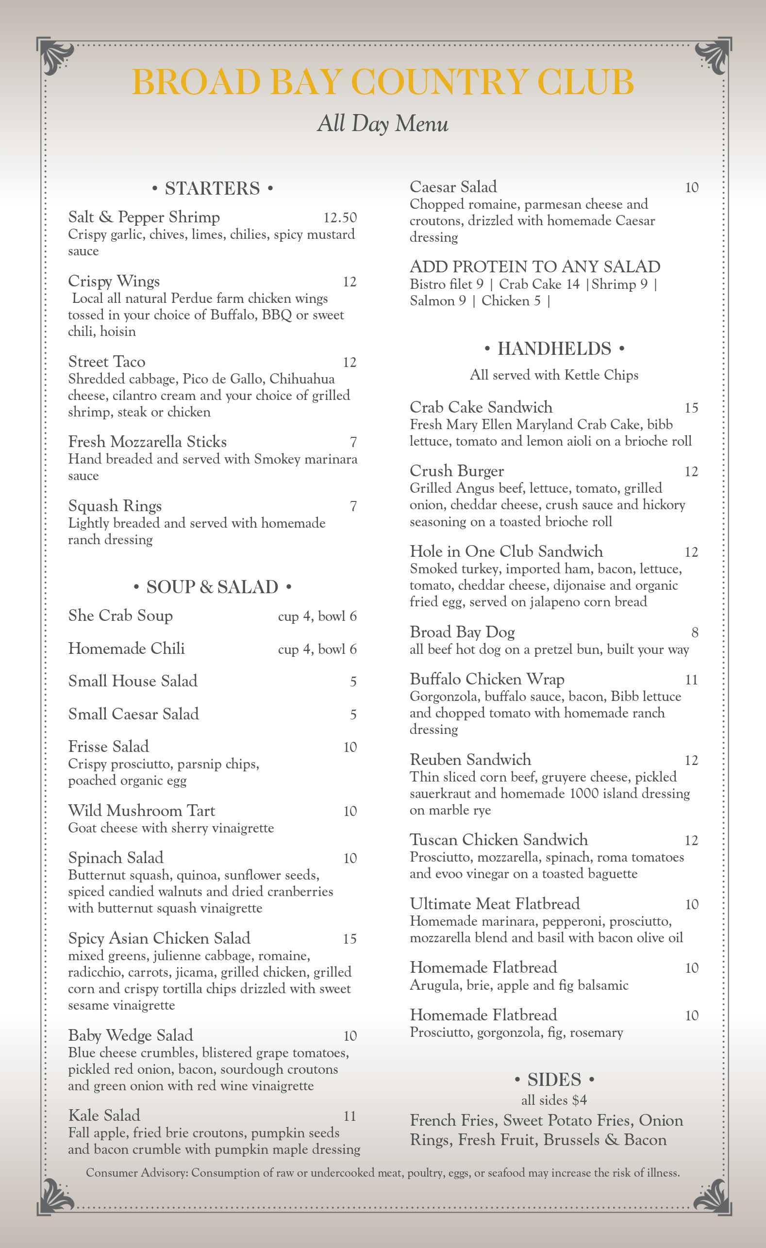 Menus & Hours | Broad Bay Country Club